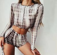 China Striped Print Two Piece Casual Set , Long Sleeve Casual 2 Piece Short Set for sale