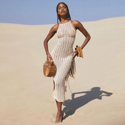 China Hollow Perspective Women's Beachwear Dresses , 99cm White Knitted Beach Dress for sale