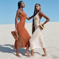 China Hollow Perspective Women's Beachwear Dresses , 99cm White Knitted Beach Dress for sale