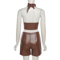 China PU Two Piece Casual Set Lace Up Hanging Neck T Shirt High Waist Bag Hip Shorts for sale