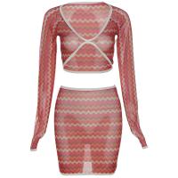 China Polyester Two Piece Casual Set See Through Mesh Printed T Shirt High Waist Bag Hip Skirt for sale
