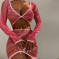 China Polyester Two Piece Casual Set See Through Mesh Printed T Shirt High Waist Bag Hip Skirt for sale