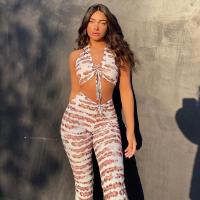 China Breathable 2 Piece Crop Top And Trousers Halter Hollow Vest Slim Micro Trousers Set for sale