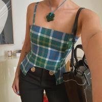 China Lattice Vest Ladies Camisole Tank Tops , Open Back Strappy Blue Plaid Tank Top for sale