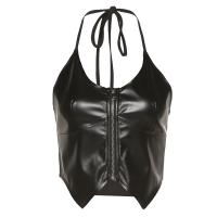 China Ladies Lace Up Halter Neck Zipper Black Leather Tank Top for sale