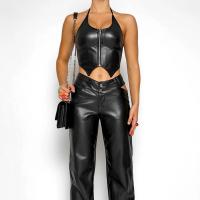 China Ladies Lace Up Halter Neck Zipper Black Leather Tank Top for sale