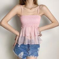 China Pink Sexy Womens Summer Cami Tops Hem Mesh Spliced With Lotus Leaf Design for sale