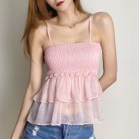 China Pink Sexy Womens Summer Cami Tops Hem Mesh Spliced With Lotus Leaf Design for sale