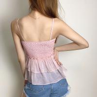 China Pink Sexy Womens Summer Cami Tops Hem Mesh Spliced With Lotus Leaf Design for sale