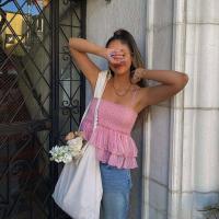 China Pink Sexy Womens Summer Cami Tops Hem Mesh Spliced With Lotus Leaf Design for sale