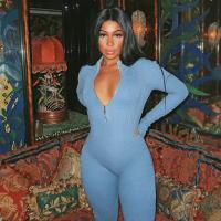 China Long Sleeve Women Bodycon Jumpsuit , Zipper V Neck Ribbed Long Sleeve Jumpsuit for sale