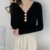 China Ladies Long Sleeve Pullover Deep V Neck Knit Sweater With Buttons for sale
