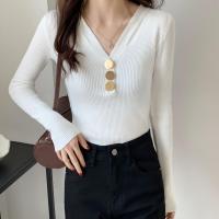 China Ladies Long Sleeve Pullover Deep V Neck Knit Sweater With Buttons for sale