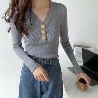 China Ladies Long Sleeve Pullover Deep V Neck Knit Sweater With Buttons for sale