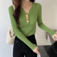 China Ladies Long Sleeve Pullover Deep V Neck Knit Sweater With Buttons for sale