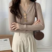 China Ladies Long Sleeve Pullover Deep V Neck Knit Sweater With Buttons for sale