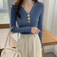 China Ladies Long Sleeve Pullover Deep V Neck Knit Sweater With Buttons for sale