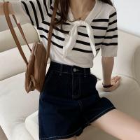 China Navy Collar Thin Retro Striped Women Knit Sweater Contrast Color for sale