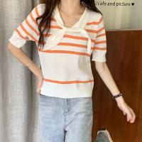 China Navy Collar Thin Retro Striped Women Knit Sweater Contrast Color for sale