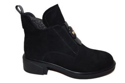 China Black Suede Ankle Boots for Women – Chunky Heel with Gold Buckle Detail for sale