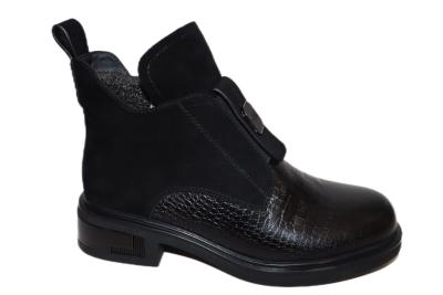 China Black Suede & Crocodile-Embossed Ankle Boots for Women – Chunky Heel with Decorative Buckle for sale