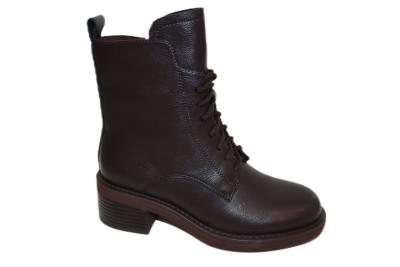 China Women's Brown Grained Leather Lace-up Ankle Boots with Block Heel for sale