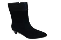 China Women's Black Suede Mid-Calf Boots with Kitten Heel & Fold-Over Leather Cuff for sale