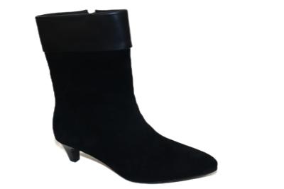 China Women's Black Suede Mid-Calf Boots with Kitten Heel & Fold-Over Leather Cuff for sale