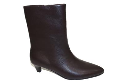 China Women's Dark Brown Leather Mid-Calf Boots with Kitten Heel & Pointed Toe for sale
