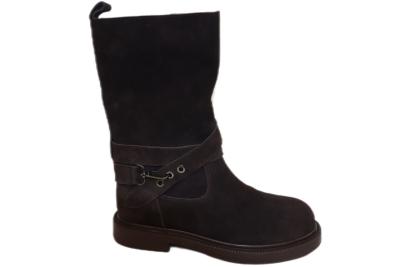 China Women's Dark Brown Suede Biker Boots with Buckle Strap for sale