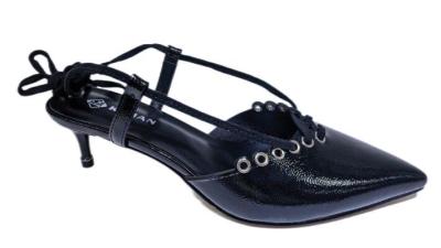China Black Patent Leather Lace-Up Slingback Pumps Women Pointed Toe Eyelet Thin Kitten Heel Sandals Party Dress Heels for sale