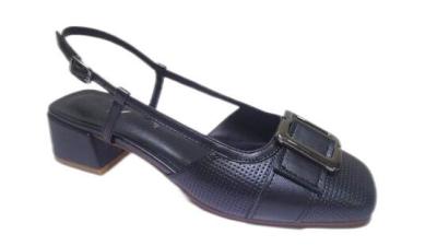 China Women Square Toe Perforated Slingback Pumps Metal Square Buckle Block Heel Sandals Office Ladies Comfort Leather Back Strap Dress Shoes for sale
