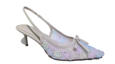 China Pastel Floral Lace Slingback Pumps Women Pointed Toe Thin Heel Mini Bow Backless Dress Heels For Wedding Party for sale