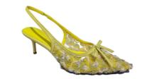 China Pastel Floral Lace Slingback Pumps Women Pointed Toe Thin Heel Mini Bow Backless Dress Heels For Wedding Party for sale