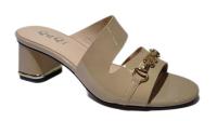 China Women's Leather Slide Mule Sandals, Gold Horsebit Buckle Two Strap Block Heel Slip On Summer Sandals for sale