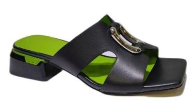 China Women's Leather Slide Mule Sandals, Gold Horsebit Buckle Two Strap Block Heel Slip On Summer Sandals for sale