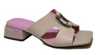 China Women's Leather Slide Mule Sandals, Gold Horsebit Buckle Two Strap Block Heel Slip On Summer Sandals for sale