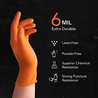 China Orange Nitrile Diamond Textured Disposable Gloves 6 Mil Powder Free Durable Work Gloves for sale