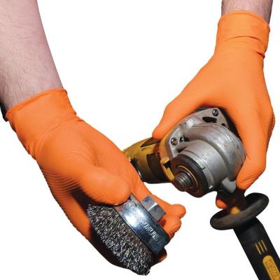 China Thick 7mil Black Orange Nitrile Gloves Diamond Grip Industrial Grade 9.8in Length for sale