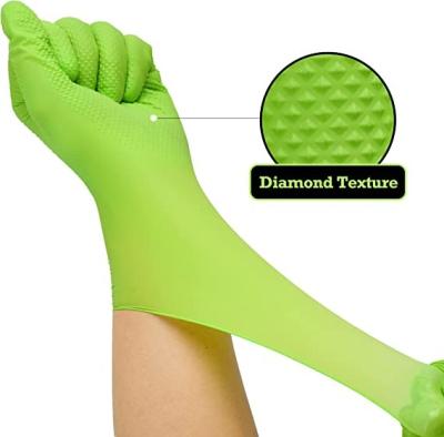 China Heavy Duty Green Textured Diamond Nitrile Gloves 8 Mil Industrial Disposable 240mm for sale