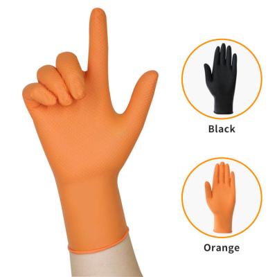 China Heavy Duty Orange Nitrile Gloves Xl Powder Free Diamond Textured for sale