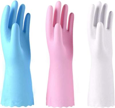 China Latex Free Reusable Dishwashing Gloves 12 Inch Cotton Flock Liner Embossed Palm Vinyl for sale