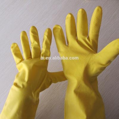 China Yellow Latex Household Gloves Flocklined 12 Inch Beaded Cuff Natural Rubber for sale
