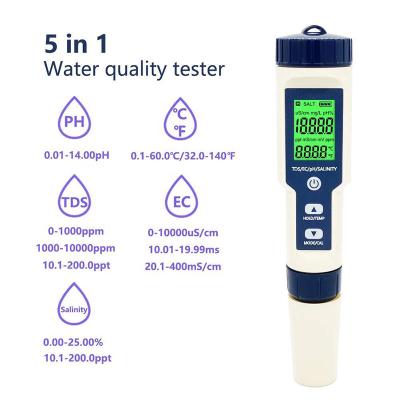 China Multiparameter pH Meter 5 in 1 TDS/EC/Salinity/TEMP Tester with Replaceable Electrode for sale