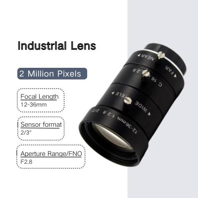 China Manual Zoom Varifocal Machine Vision Lens 12-36mm F2.8 C Mount Industrial Lens 2MP for sale