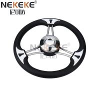 China 304 Stainless Steel 3 Spoke Marine Steering Wheel with Black PU Grip for 3/4-inch Shaft - SW-031 for sale