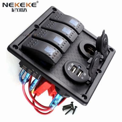 China 4 Gang Waterproof Rocker Switch Panel with Dual USB 3.1A Ports for 12V/24V Marine and Automotive Use for sale