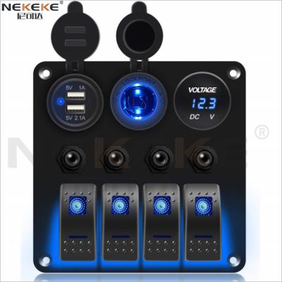 China 4 Gang Rocker Switch Panel With Circuit Breaker Dual USB Socket Power Socket Voltmeter for sale