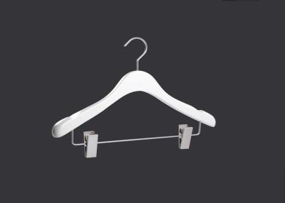 China Half White Color Wooden Clothes Hangers With Metal Clips Easily Hanging for sale
