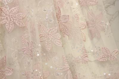 China Tulle Bridal Lace Fabrics , DTM Light Pink Lace Fabric 10yds Long for sale